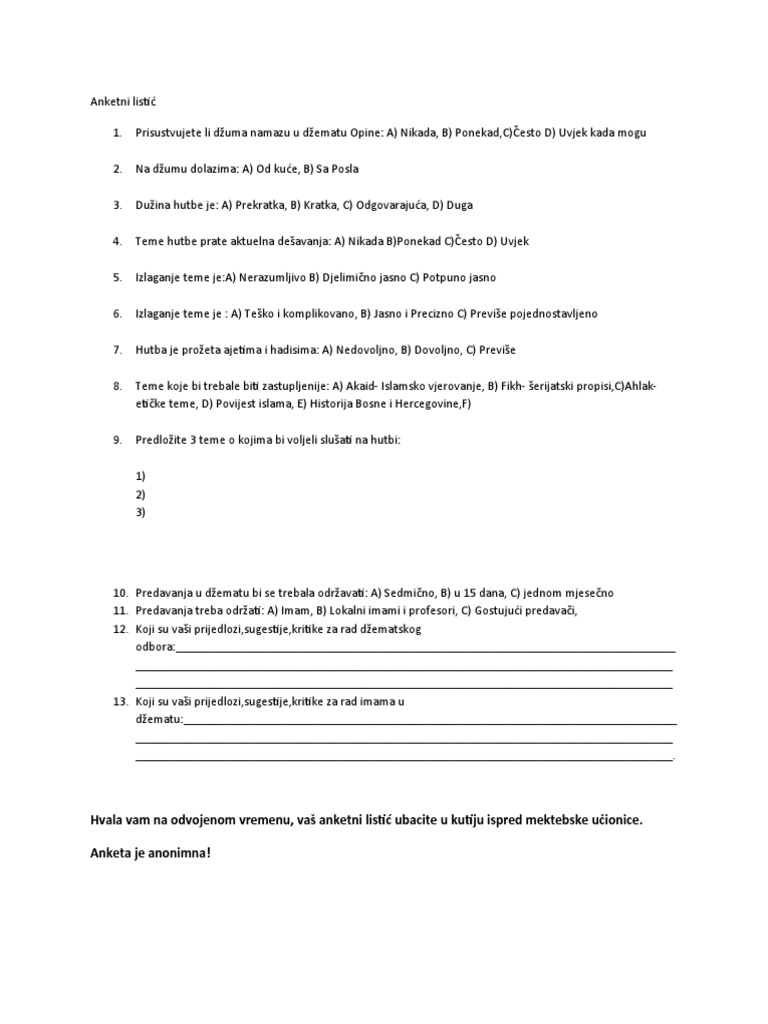 Anketni Listić | PDF