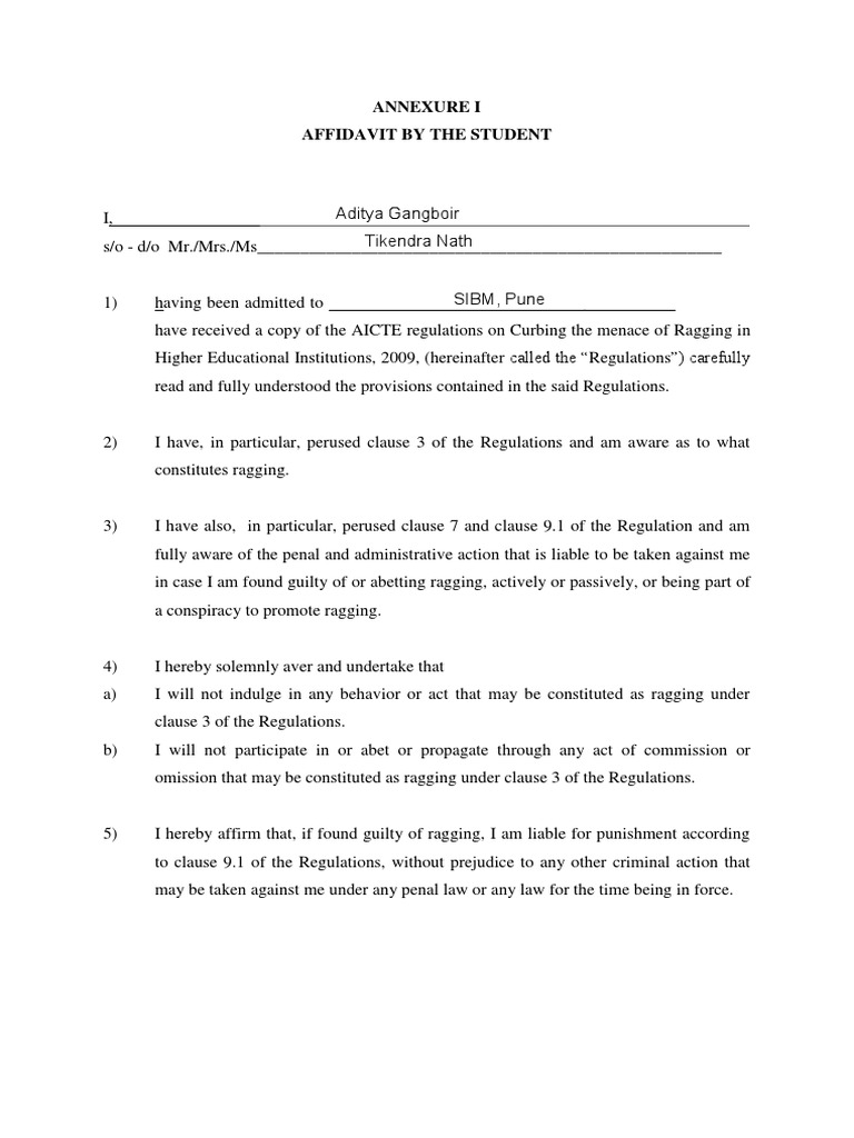 Annexure I Affidavit by The Student | PDF | Affidavit | Legal Documents
