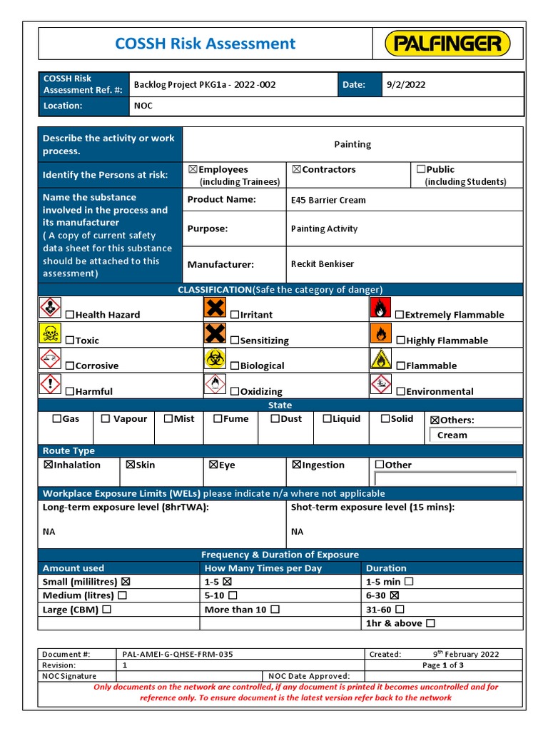 Cossh Risk Assessment - E45 Barrier Cream | PDF | Workplace | Working ...