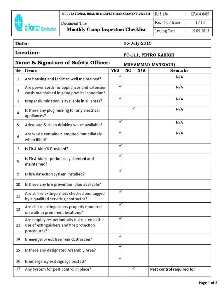 Monthly Camp Safety Inspection Checklist | PDF | Housekeeping | Safety