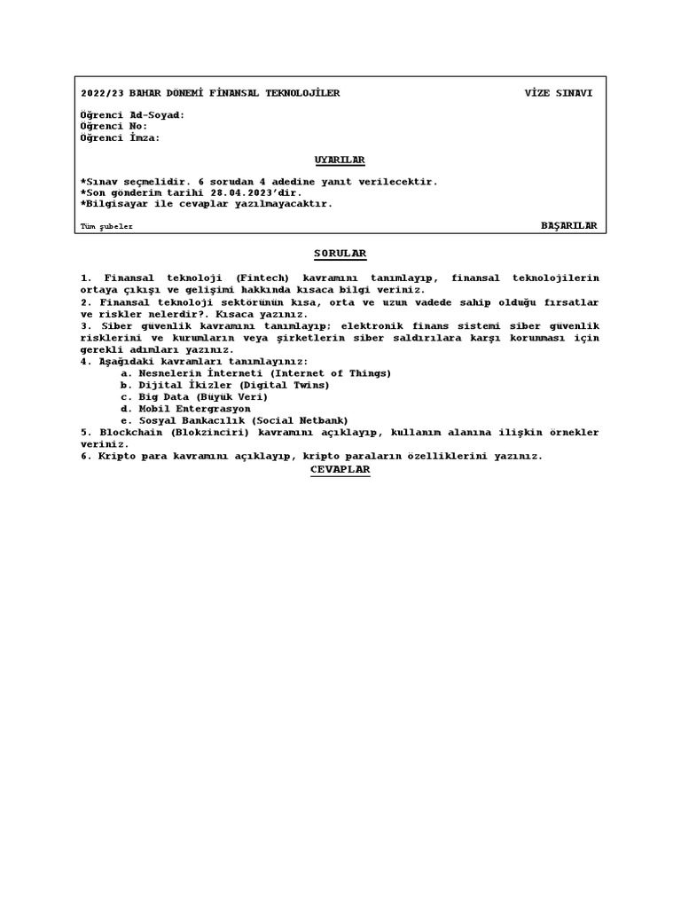 Finansal Teknolojiler Vize | PDF