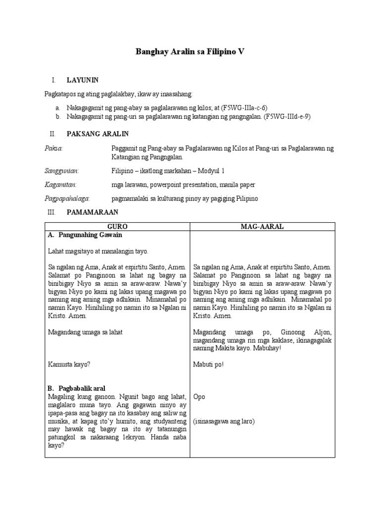 Banghay Aralin Sa Filipino V: Layunin | PDF