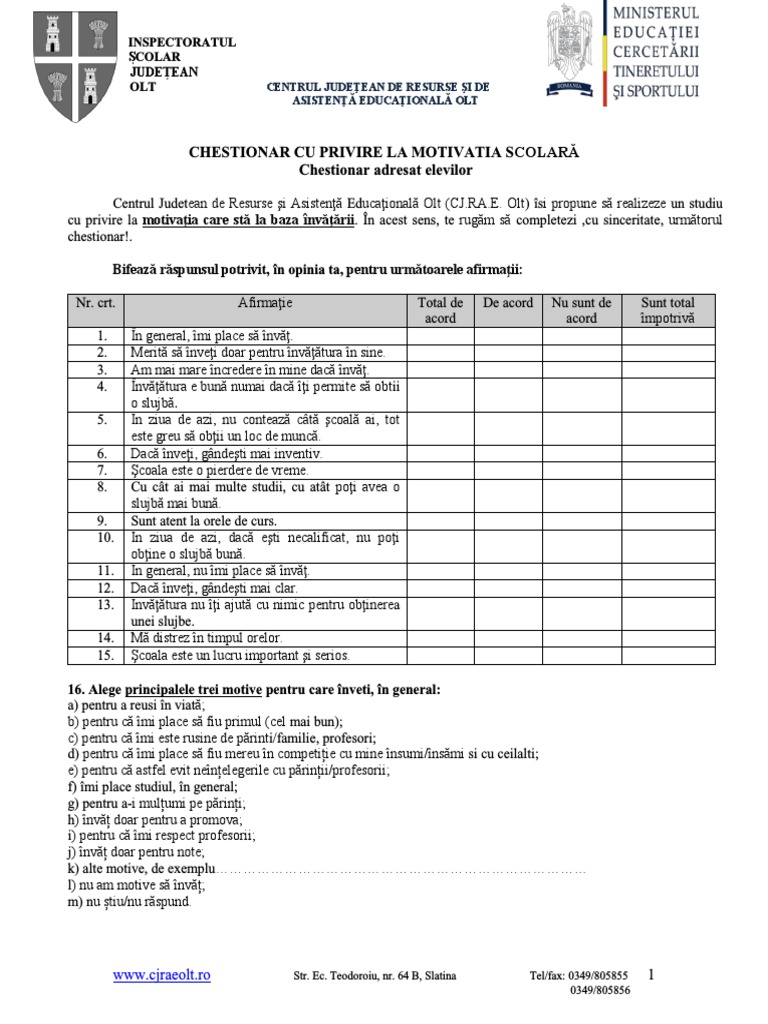 CHESTIONAR CU PRIVIRE LA MOTIVATIA SCOLARA ... - ISJ Olt | PDF