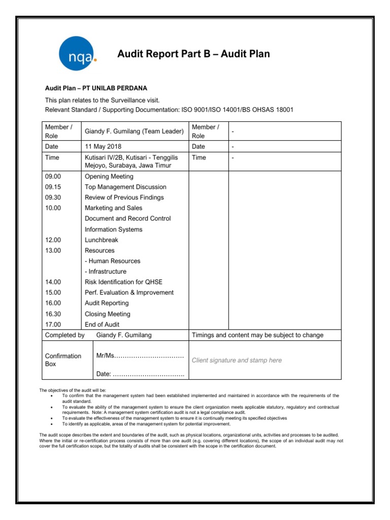 Audit Plan - PT Unilab Perdana - Surveillance 1 - 18001 Site | PDF | Audit | Economies