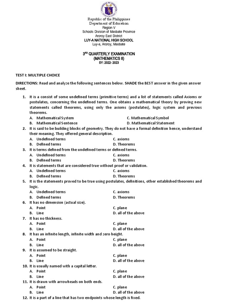 3RD Grading Exam | PDF | Axiom | Theorem