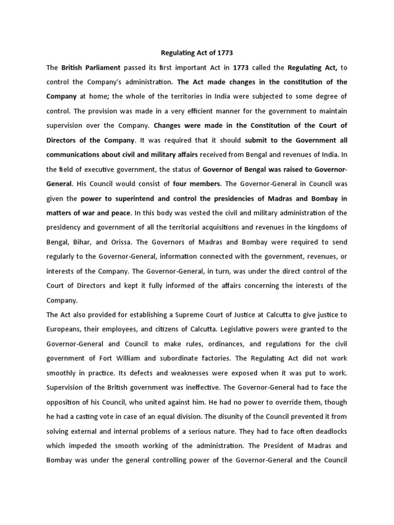 Regulating Act of 1773 | PDF