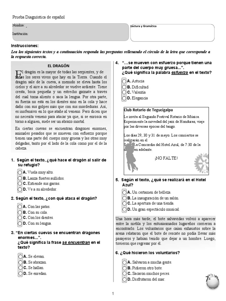 Prueba Diagnóstica 7º y 8° Español | PDF
