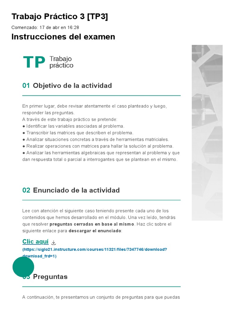 85% - Examen - Trabajo Práctico 3 (TP3) | PDF | Matriz (Matemáticas) | Determinante