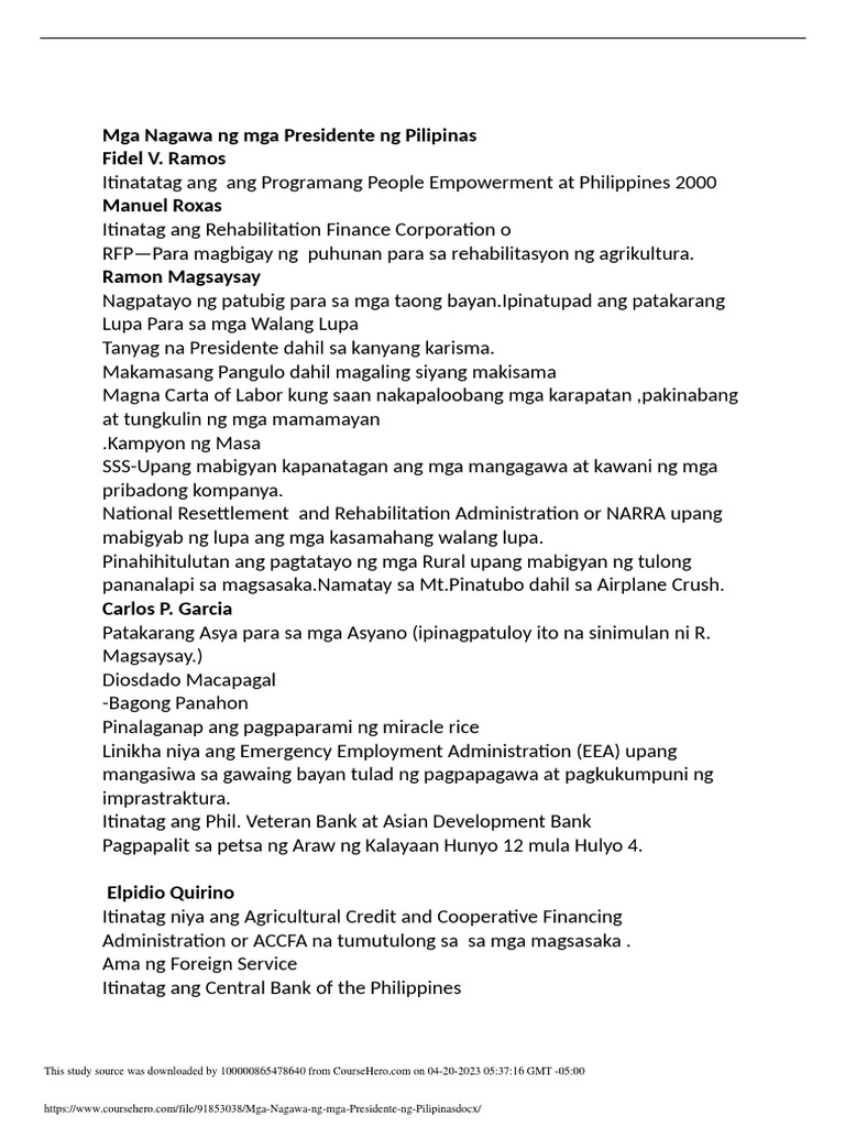 Mga Nagawa NG Mga Presidente NG Pilipinas | PDF