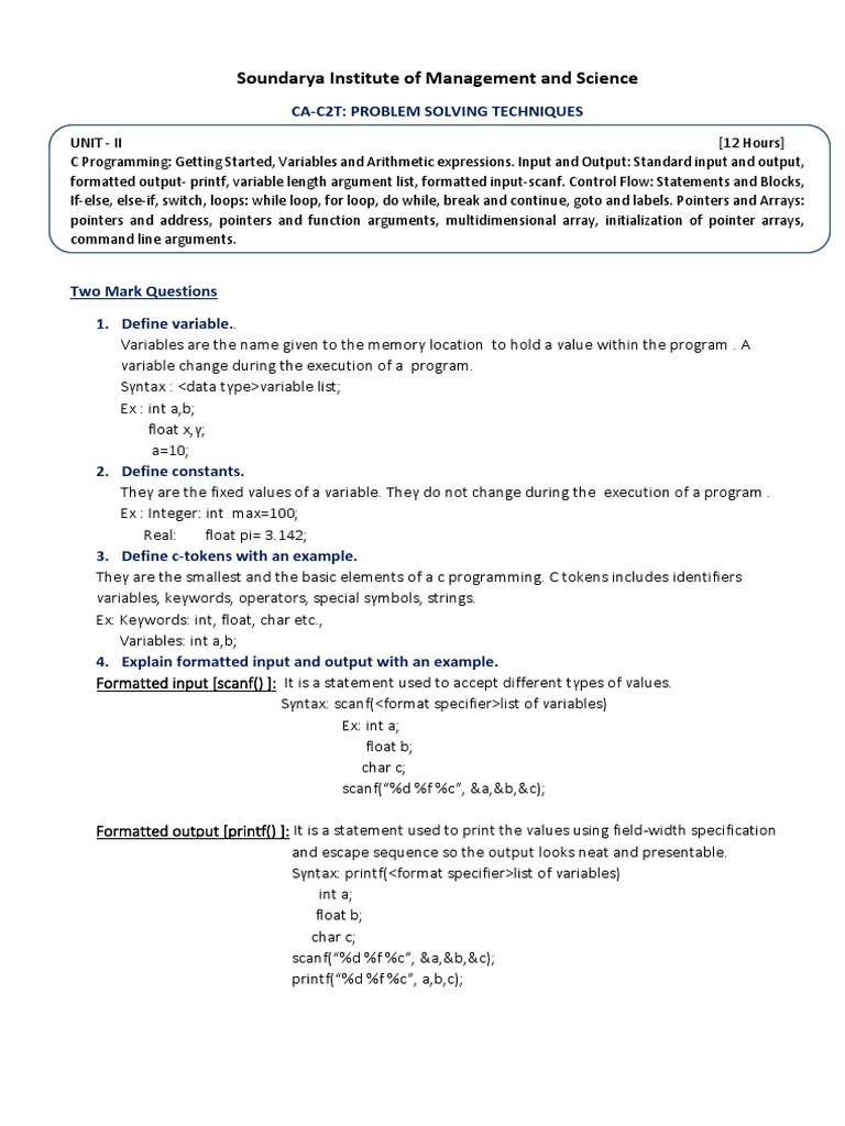 Soundarya Institute Of Management And Science Ca C2t Problem Solving Techniques Pdf 