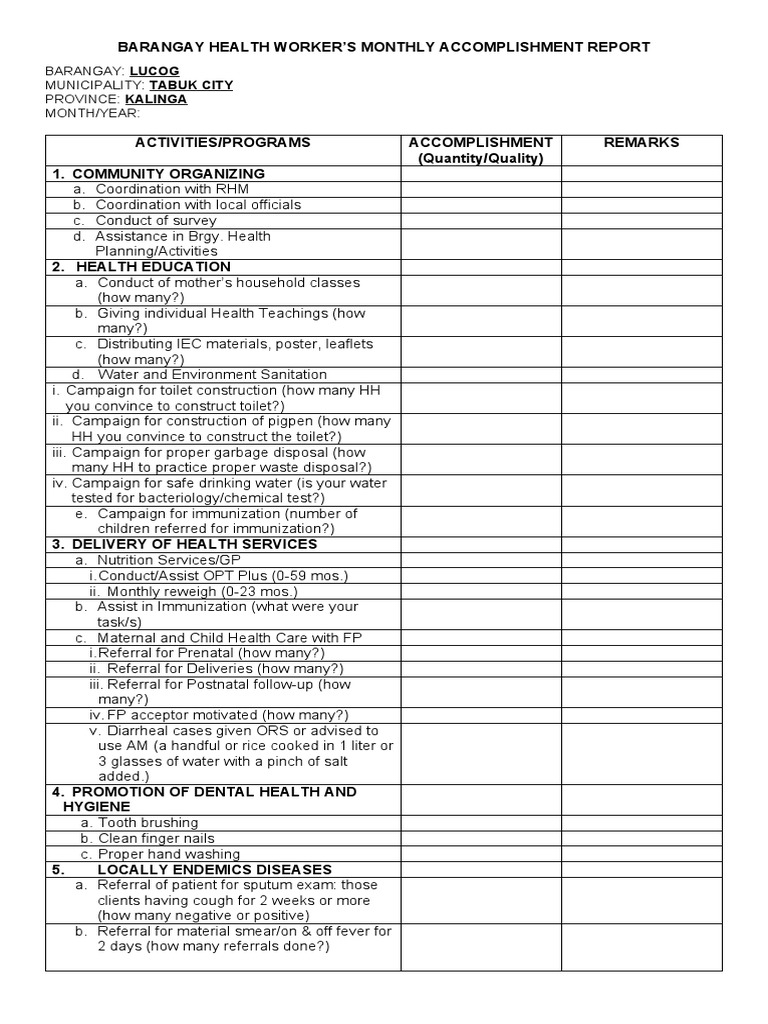 Monthly Accomplishment Report: BHW | PDF