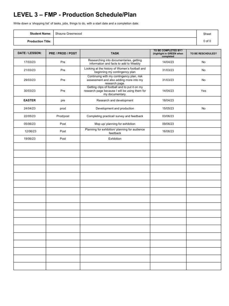 Level 3 - FMP Production Schedule 2 | PDF | Learning | Cognitive Science