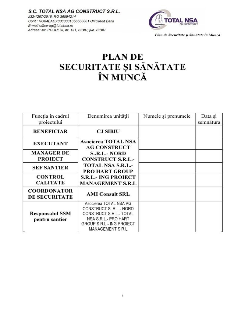 Plan Securitate Si Sanatate in Munca SSM | PDF