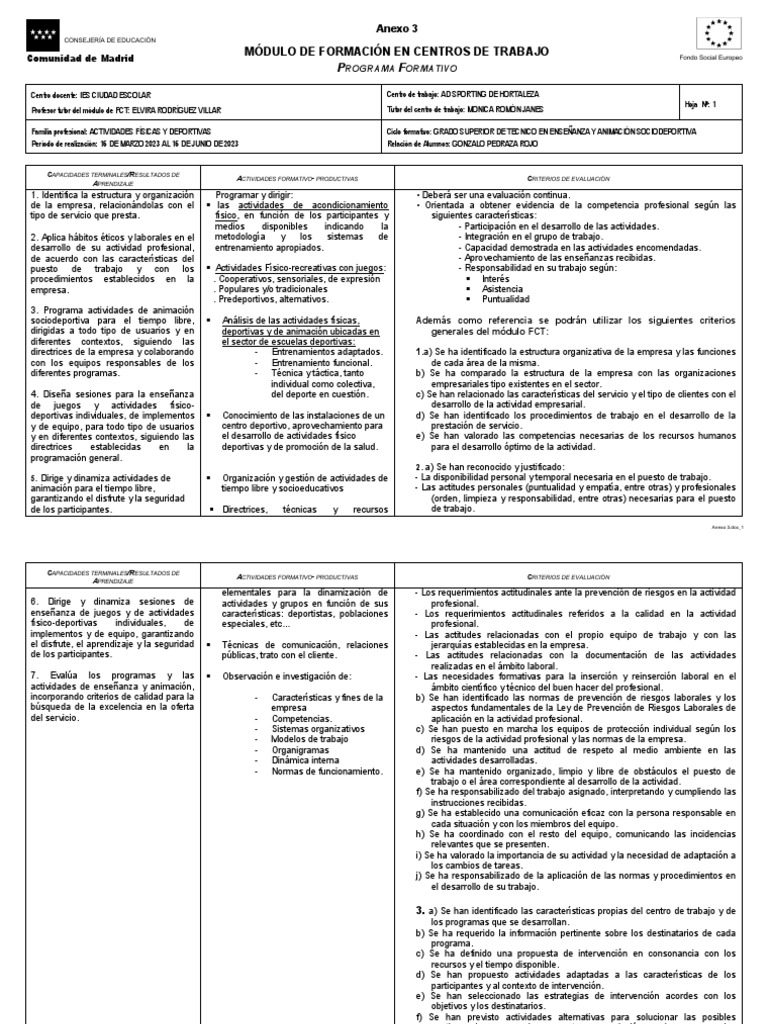 Módulo de Formación en Centros de Trabajo: Anexo 3 | PDF | Evaluación | Aprendizaje