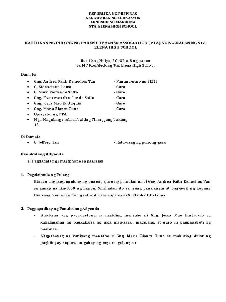 Katitikan NG Pulong NG Parent-Teacher Association (Pta) NG Paaralan NG Sta. Elena High School | PDF