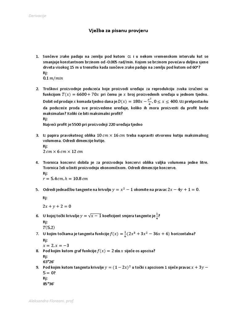Vježba Za Pisanu Provjeru: Derivacije | PDF