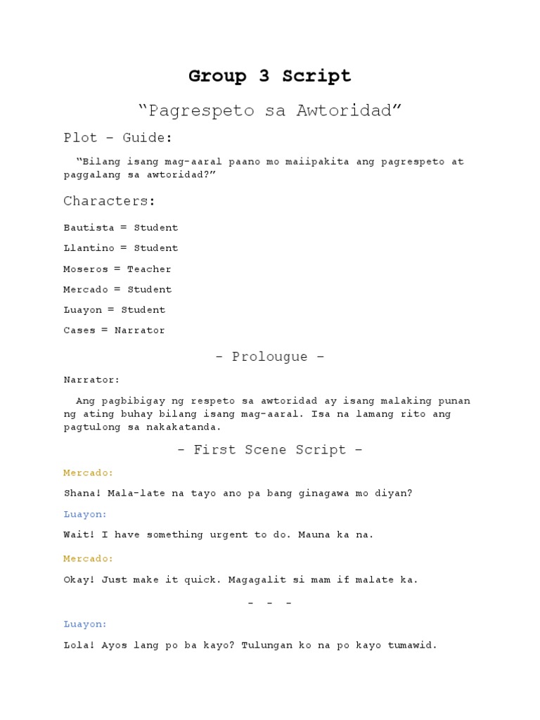Group 3 Script: "Pagrespeto Sa Awtoridad" | PDF