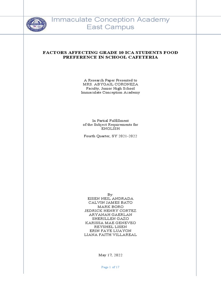 Immaculate Conception Academy East Campus: Factors Affecting Grade 10 Ica Students Food ...