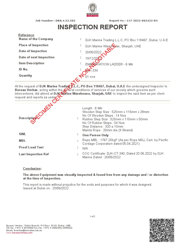 BV Specimen Certificate - Embarkation or Pilot Ladders | PDF | Dubai | Justice
