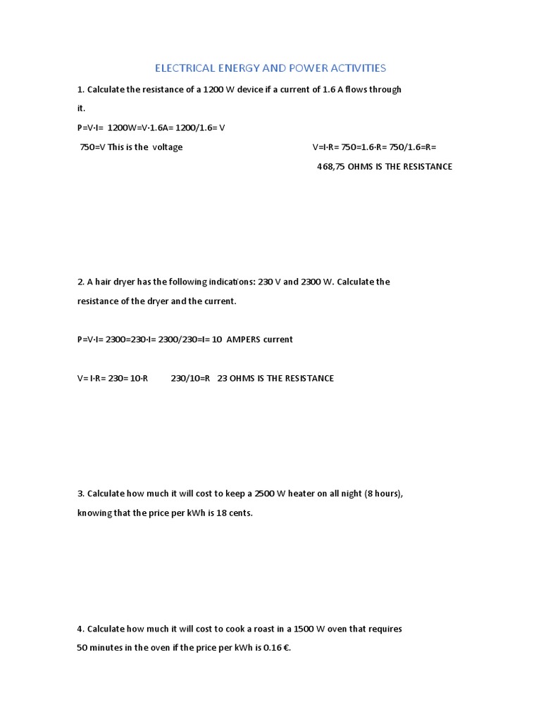 Electrical Energy and Power Activities | PDF