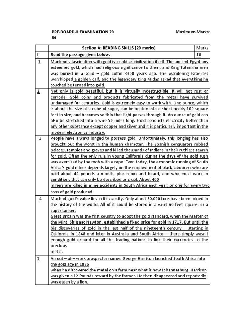 Pre-Board-Ii Examination 20 Maximum Marks: 80 Section A: READING SKILLS (20 Marks) I Read The ...