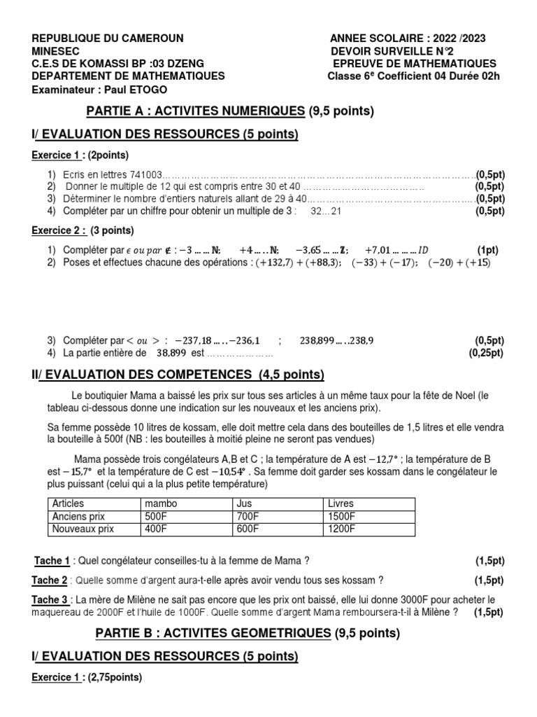 Devoir N°2 Classe 6e | PDF