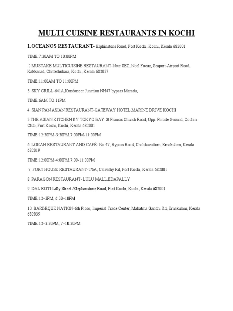 Top Multi-Cuisine Restaurants in Kochi | PDF | Technology & Engineering