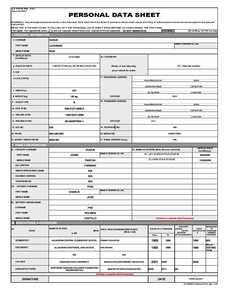 Personal Data Sheet | PDF | Government