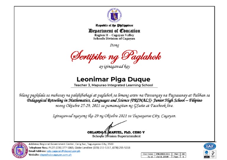 Sertipiko Ng Pagkilala Sa Sabayang Pagbigkas