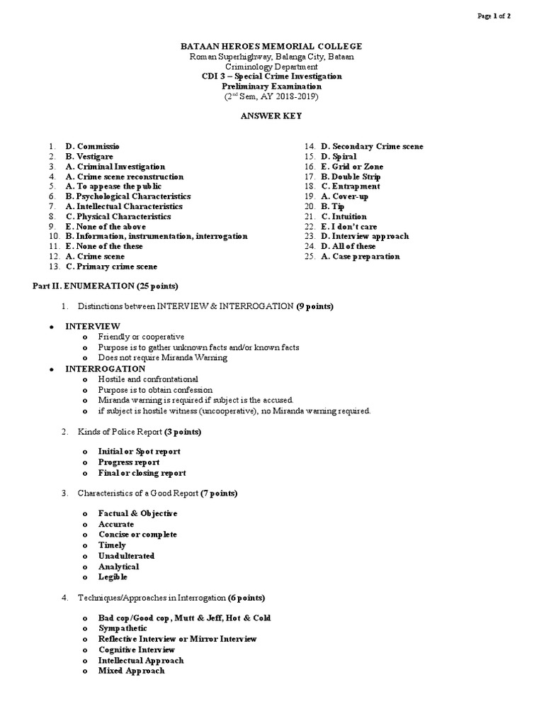 Criminology Preliminary Examination: Answer Key and Explanations for Special Crime Investigation ...