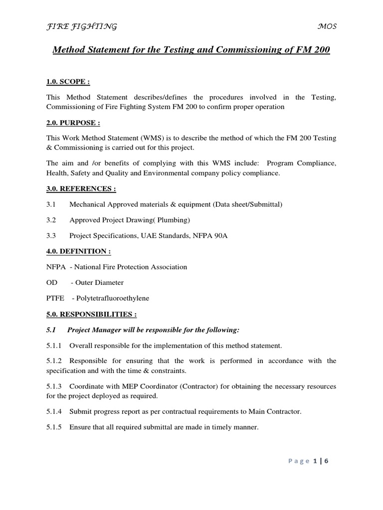 Method Statement For The Testing Commissioning Of Fm 200 System Pdf