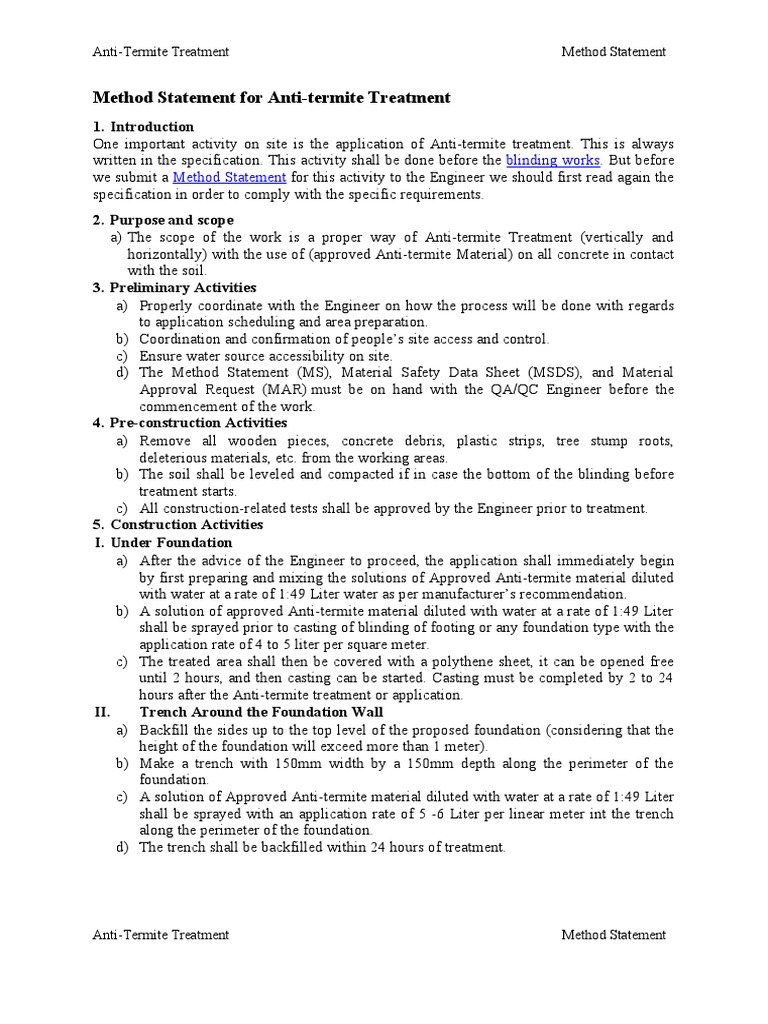 Method Statement For Anti-Termite Treatment | PDF | Foundation (Engineering) | Insecticide