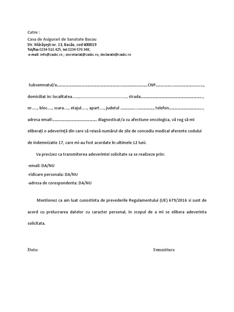 Cerere Eliberare Adeverinta Ingrijire Pacient Oncologic | PDF