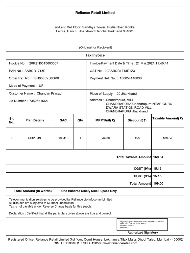 Reliance Retail Tax Invoice Details | PDF