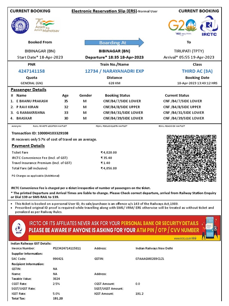 Narayanadri Exp Third Ac (3A) | PDF | Payments | Taxes