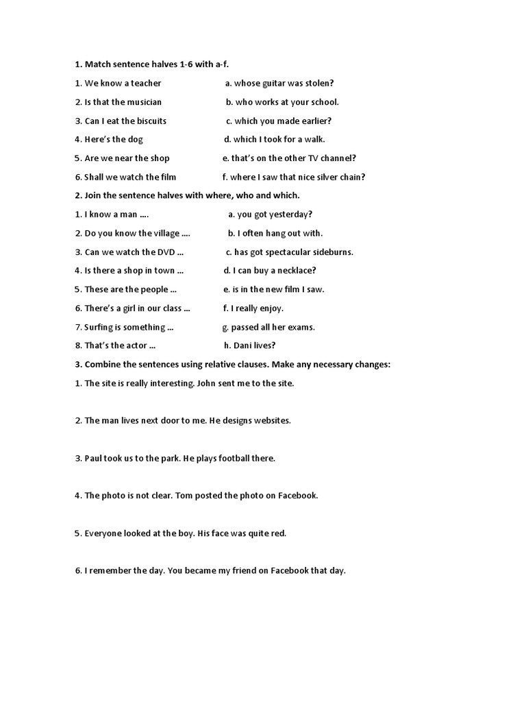 Sentence Matching and Combining Exercises | PDF