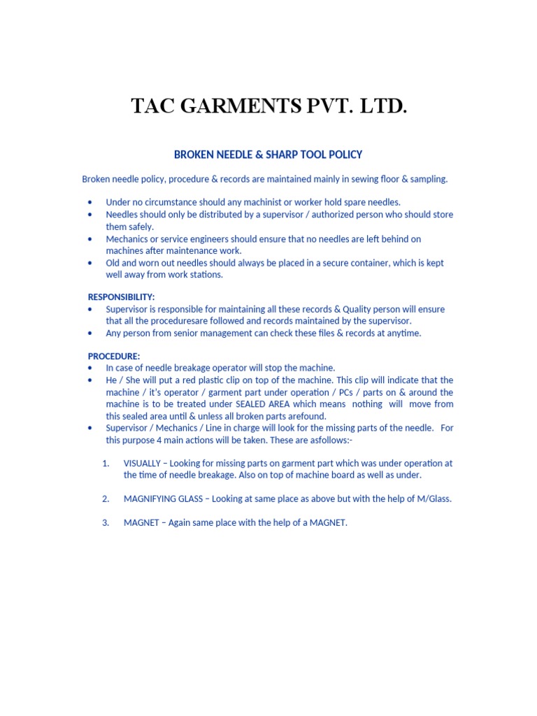 11 Broken Needle Sharp Tool Policy | PDF | Sewing | Sewing Needle