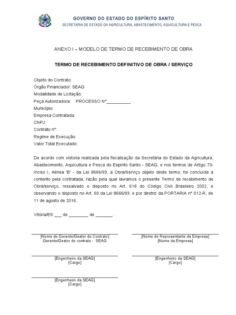 Anexo I - Modelo de Termo de Recebimento de Obra | PDF
