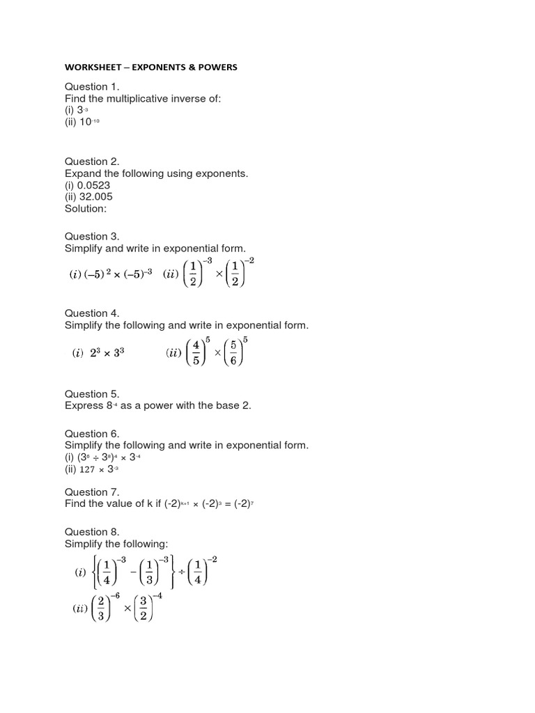Exponents and Powers Worksheet PDF | PDF
