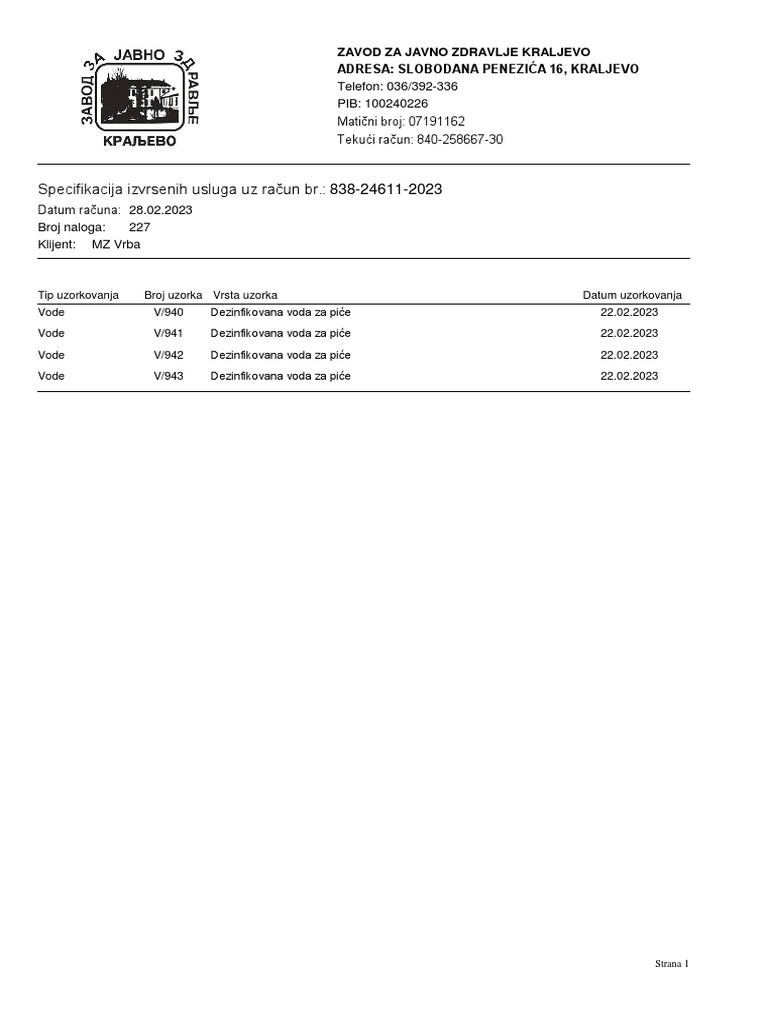 Specifikacija Izvrsenih Usluga Uz Račun BR.: 838-24611-2023 | PDF