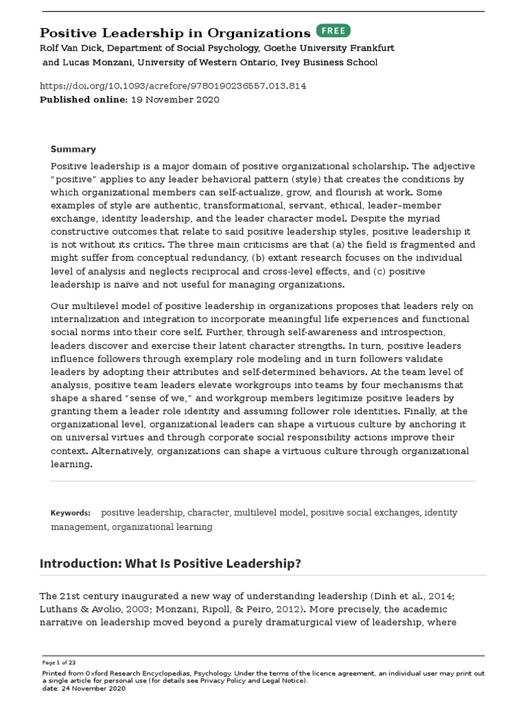 An Integrative Multilevel Model of Positive Leadership in Organizations ...