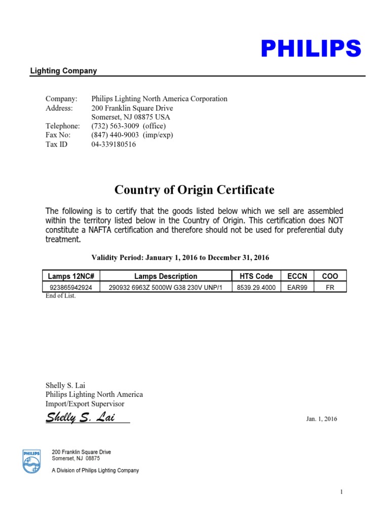 Philips: Country of Origin Certificate | PDF
