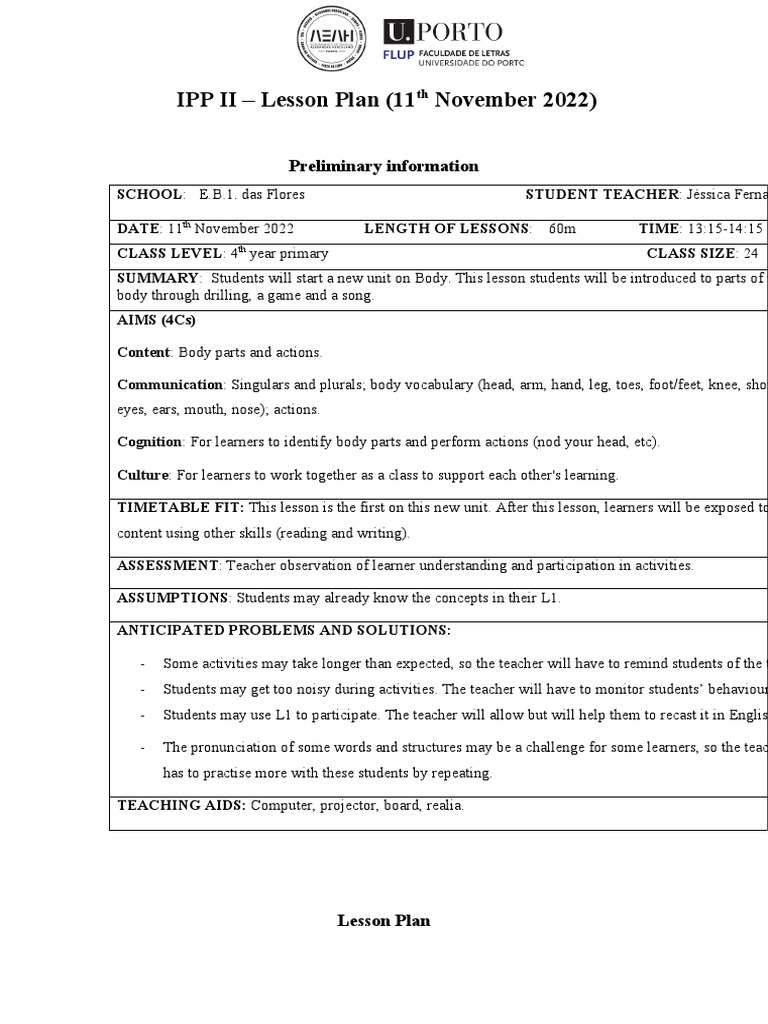 Lesson Plan - Body Parts (4º Ano) | PDF | Learning | Teachers