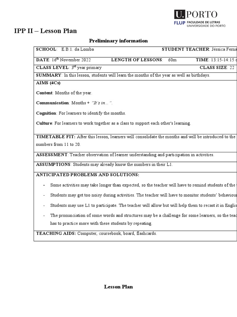 Lesson Plan - Months (3º Ano) | PDF | Learning | Teachers