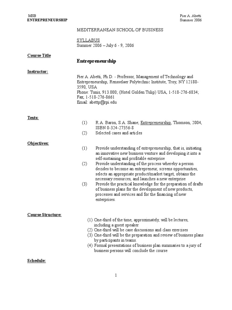 Syllabus Entrepreneurship | PDF | Entrepreneurship | Business Plan