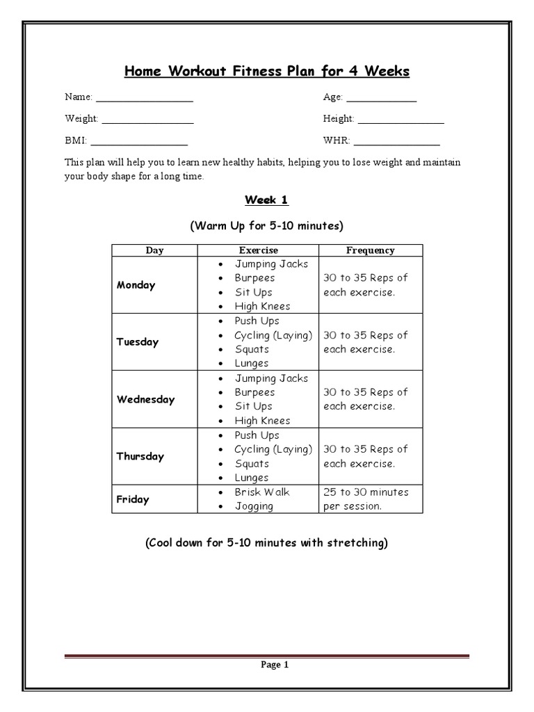 Home Workout Fitness Plan For 4 Weeks | PDF | Management Of Obesity ...