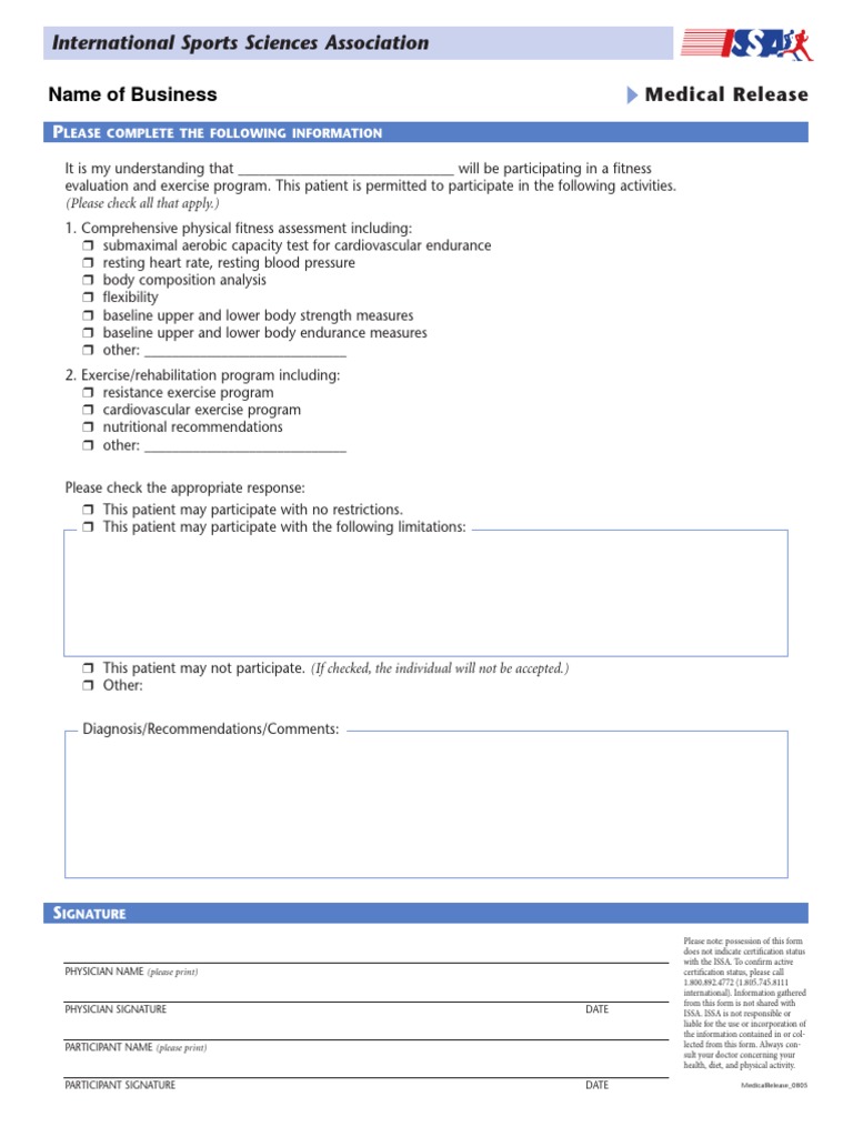 ISSA Medical Release | PDF | Physical Fitness | Health Care