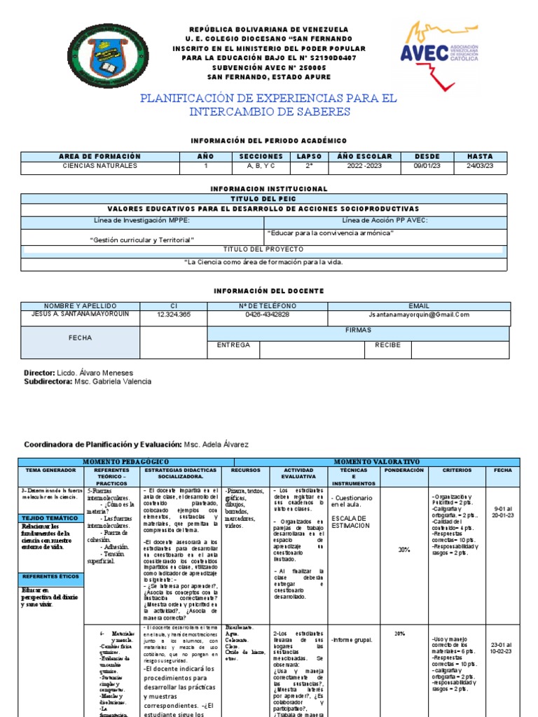 Planificacion de Ciencias Naturales 1er Año 2do Lapso Corregido | PDF ...
