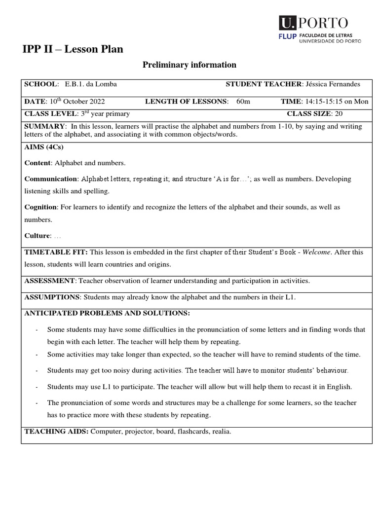 LESSON PLAN - Alphabet (3º Ano) | PDF | Learning | Teachers