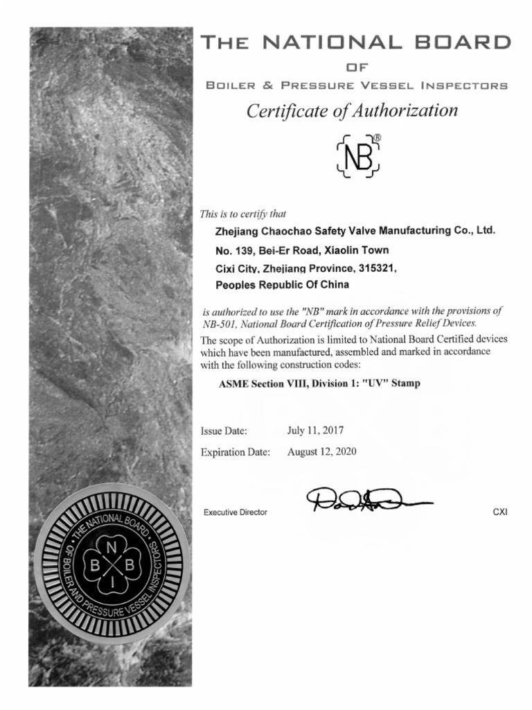 Certificado de Válvula de Segurança - ASME NB | PDF